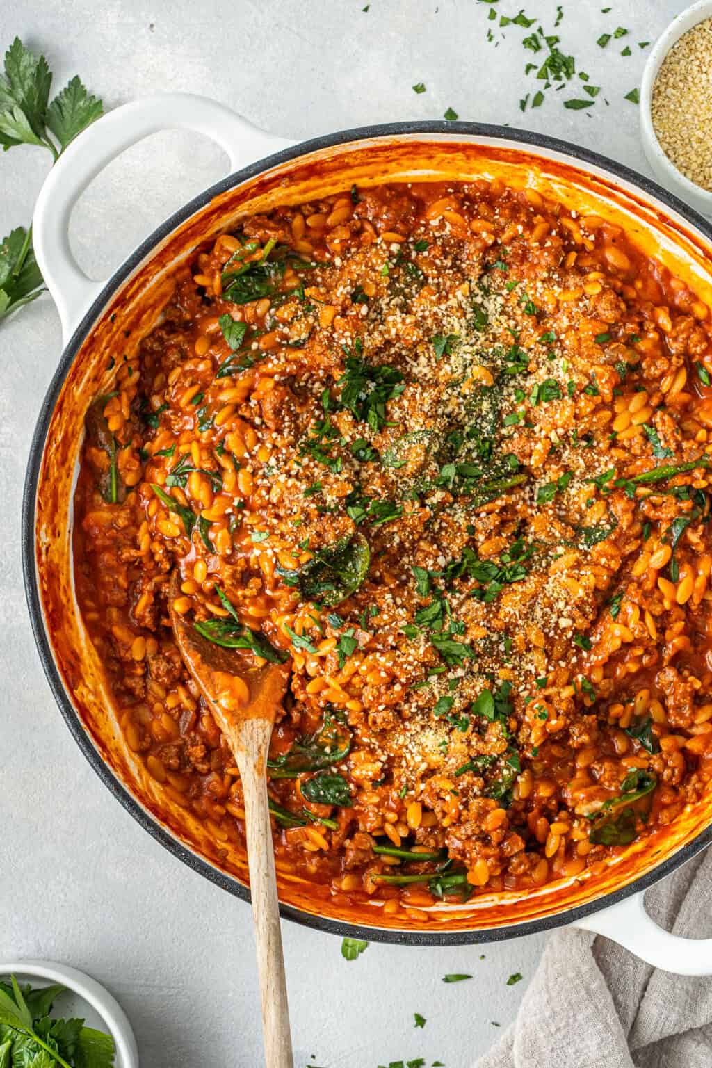 One Pot Creamy Ground Beef and Orzo (Dairy Free) - Eight Forest Lane