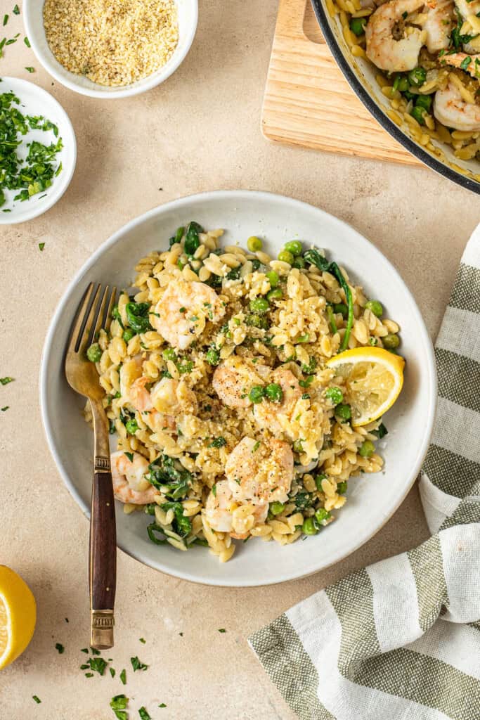 One Pot Lemon Orzo with Prawns and Spinach - Eight Forest Lane